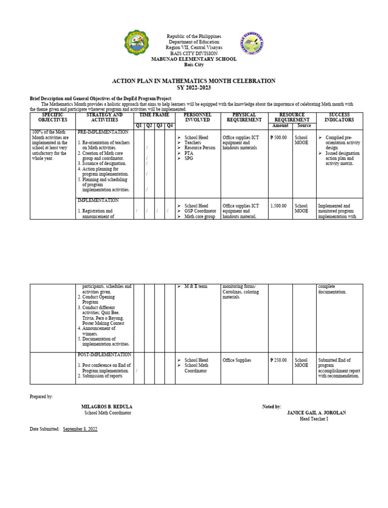 Mathematics Month Action Plan 2022-2023 | PDF