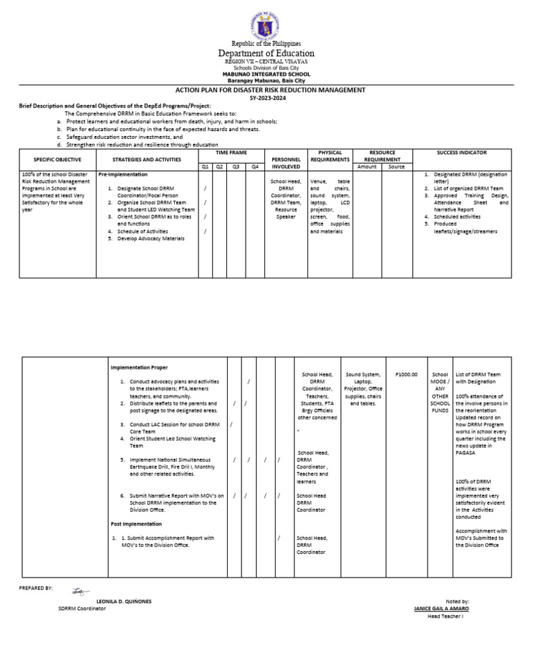 ACTION PLAN in DRRM Mam Nila | PDF | Disaster Risk Reduction | Safety