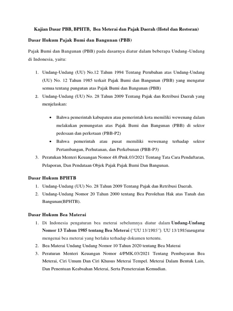 Kajian Dasar PBB, BPHTB, Bea Meterai Dan Pajak Daerah (Hotel Dan Restoran) | PDF | Pengelolaan ...