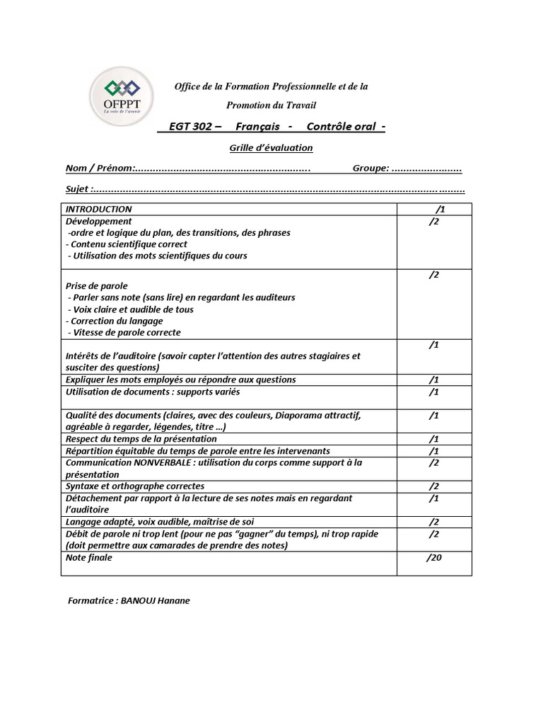 Grille D'evaluation Oral Exam S5 | PDF | Discours | Linguistique