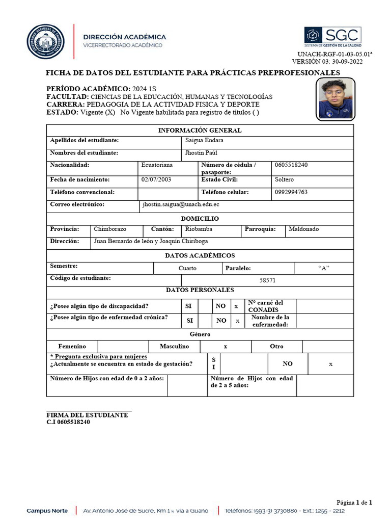 Datos Estudiante Prácticas UNACH 2024 | PDF