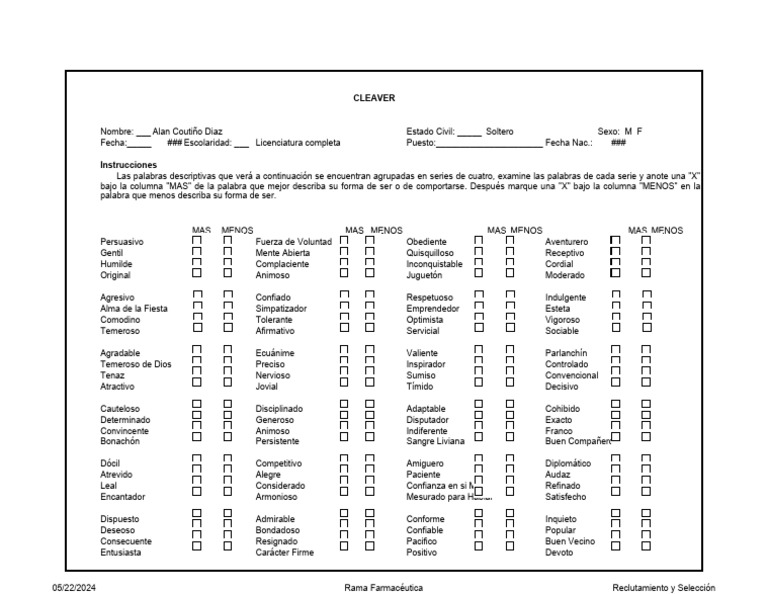 Test de Cleaver (Hoja de Respuestas) | PDF