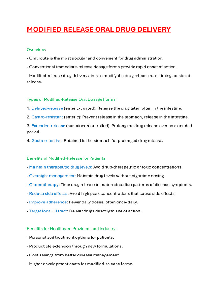 MODIFIED RELEASE ORAL DRUG DELIVERY Summary | PDF | Pharmacology | Drugs