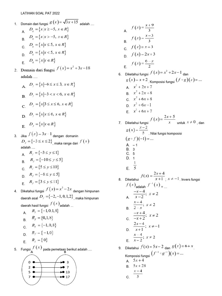 Latihan PAT MTK WAJIB KELAS X - DS - 2022 | PDF