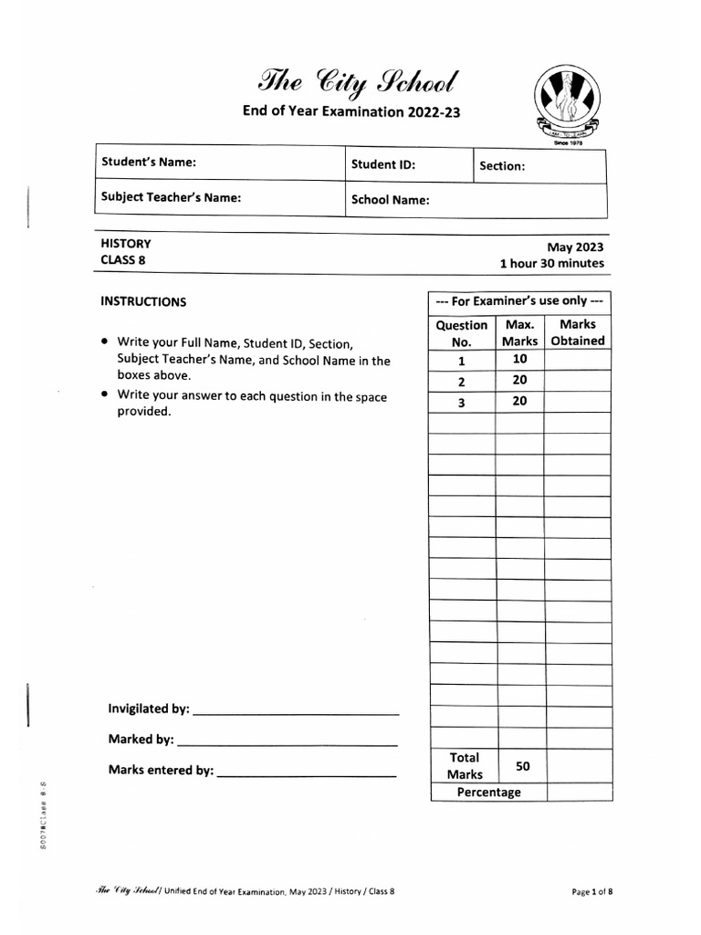 EOY EXAM (History, Class-8) 2022-23 | PDF