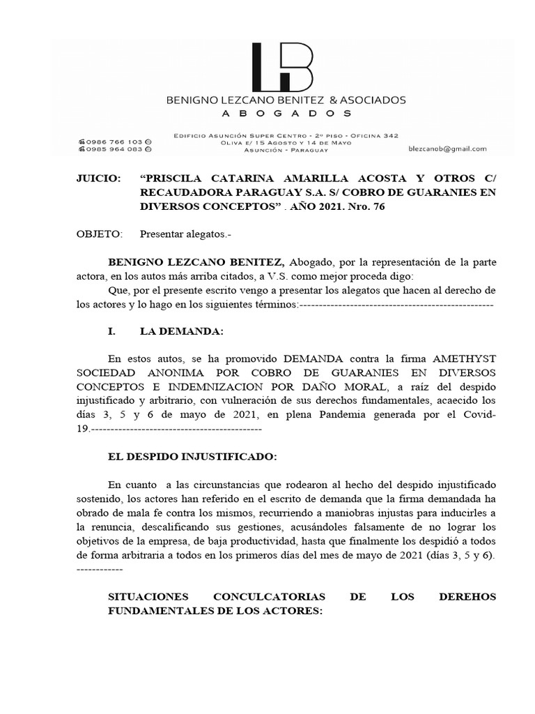 Alegatos Priscila y Otros | Descargar gratis PDF | Daños y perjuicios | Derecho laboral