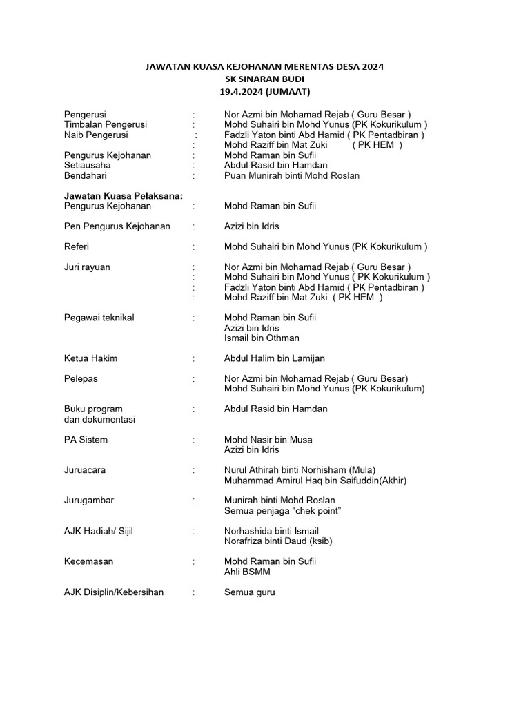 AJK & Tentatif Acara Merentas Desa 2024 | PDF