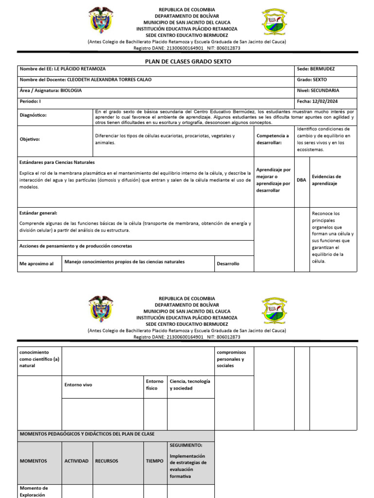 Plan de Clases Grado Sexto | PDF | Biología Celular) | Aprendizaje
