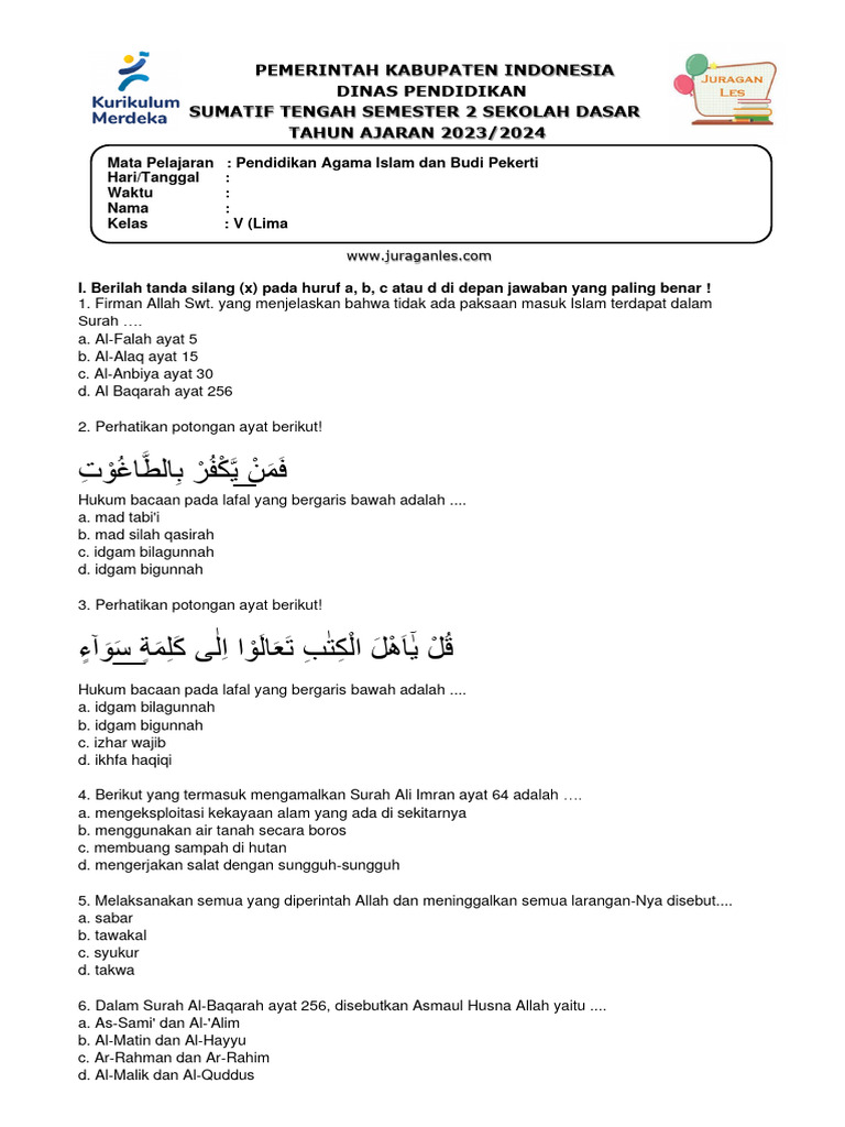 Soal PTS-STS PAI Kelas 5 Semester 2 Kurikulum Merdeka T.A 2023-2024 | PDF