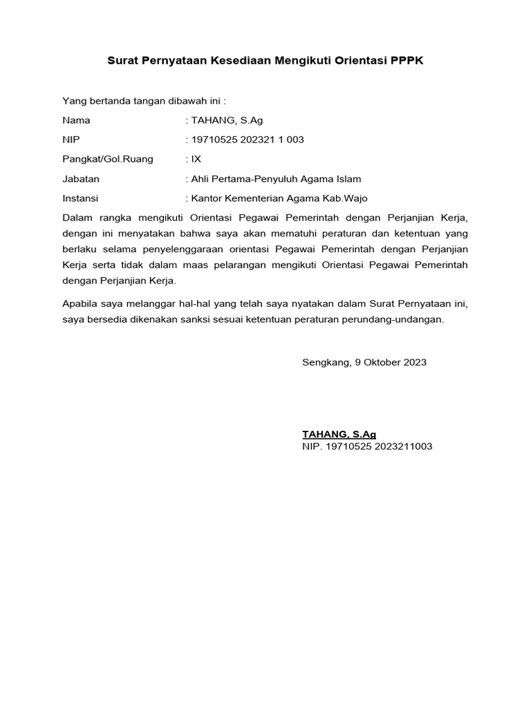 Surat Pernyataan Kesediaan Mengikuti Orientasi PPPK | PDF