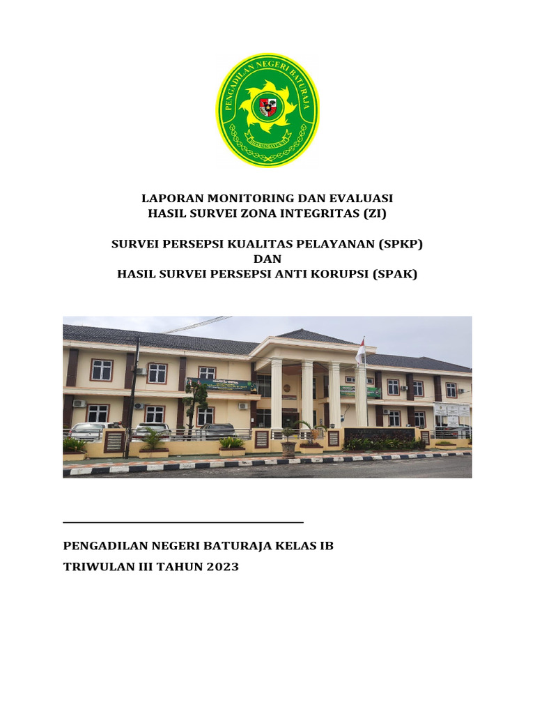 Laporan Monitoring Dan Evaluasi Hasil Survei Zona Integritas (Zi) Survei Persepsi Kualitas ...