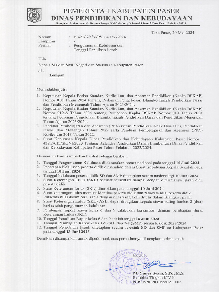 SE - Pengumuman Kelulusan & TGL Penulisan Ijazah 2024 | PDF