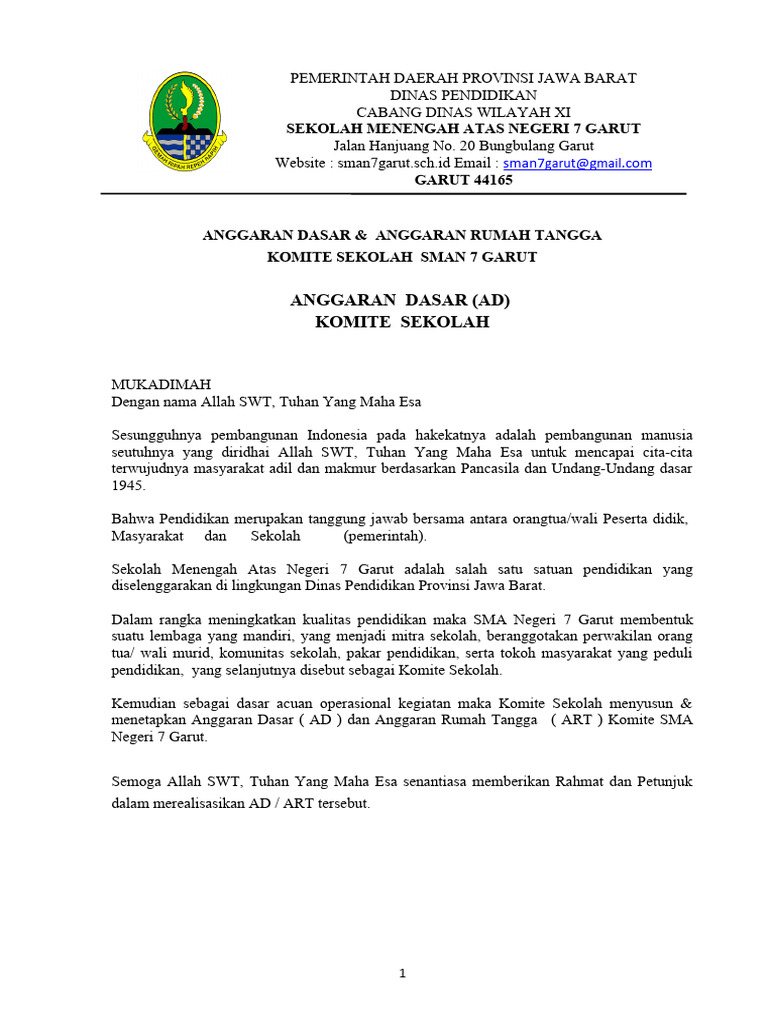Anggaran Dasar Komite SMA 7 Garut | PDF