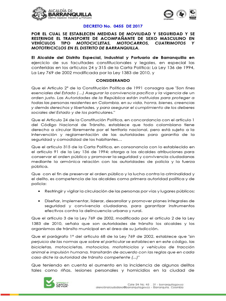 Restricción de Parrillero Masculino en Barranquilla | PDF | Constitución | Policía