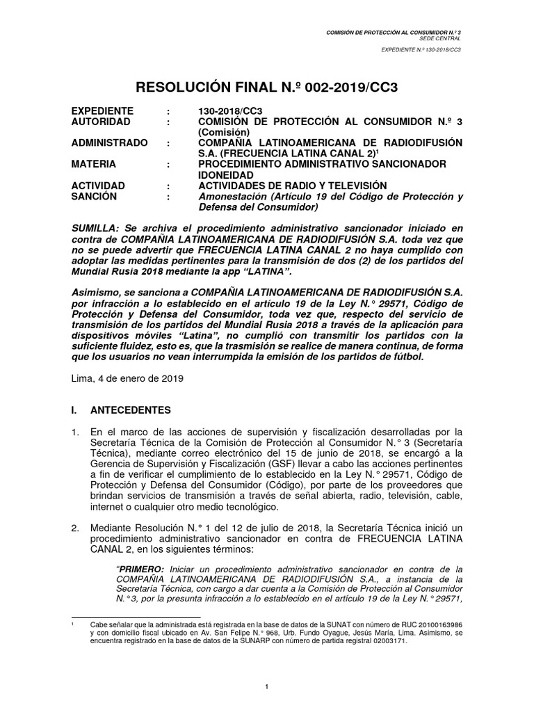 Resolución Final N.º 002-2019/CC3 | PDF | Protección al Consumidor | Multa (pena)