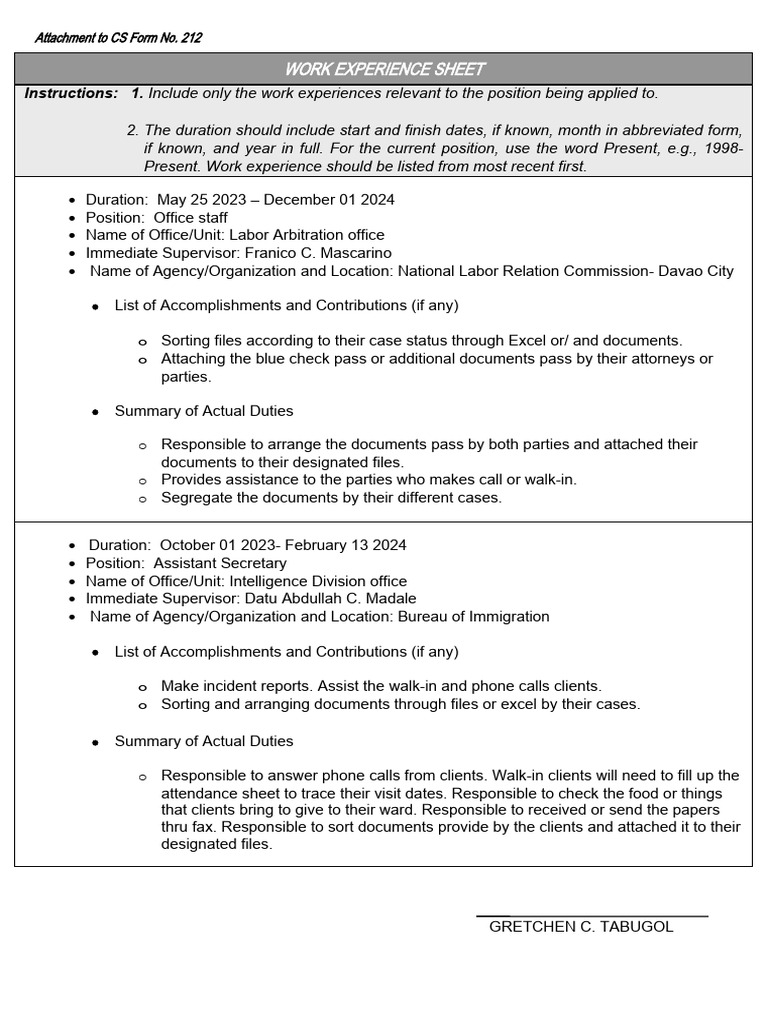 CS Form No. 212 Attachment - Work Experience Sheet | PDF | Government