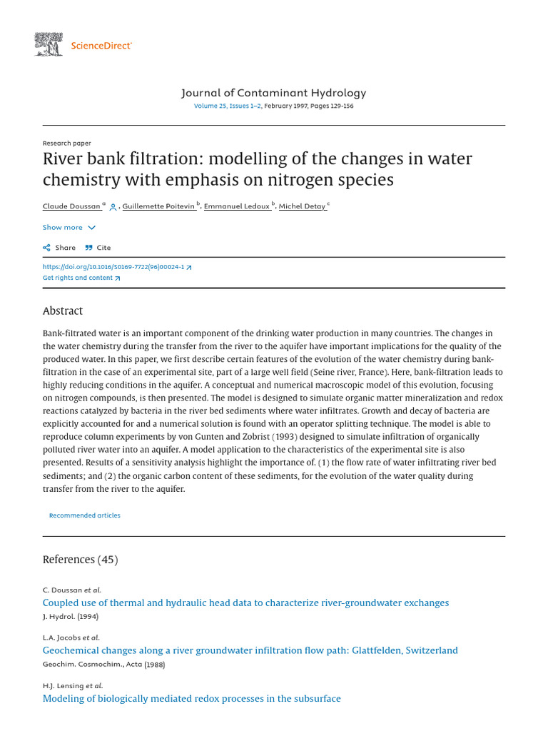 River Bank Filtration - Modelling of The Changes in Water Chemistry ...