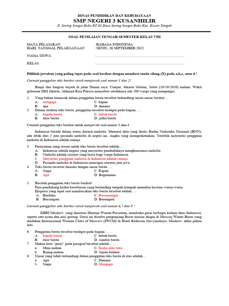 Soal Bindo PTS 8 MGMP GANJIL 2022 | PDF