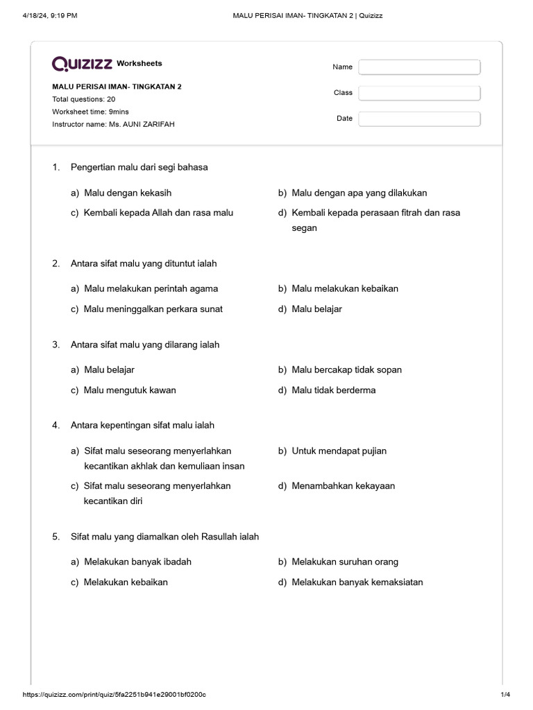 MALU PERISAI IMAN- TINGKATAN 2 _ Quizizz | PDF