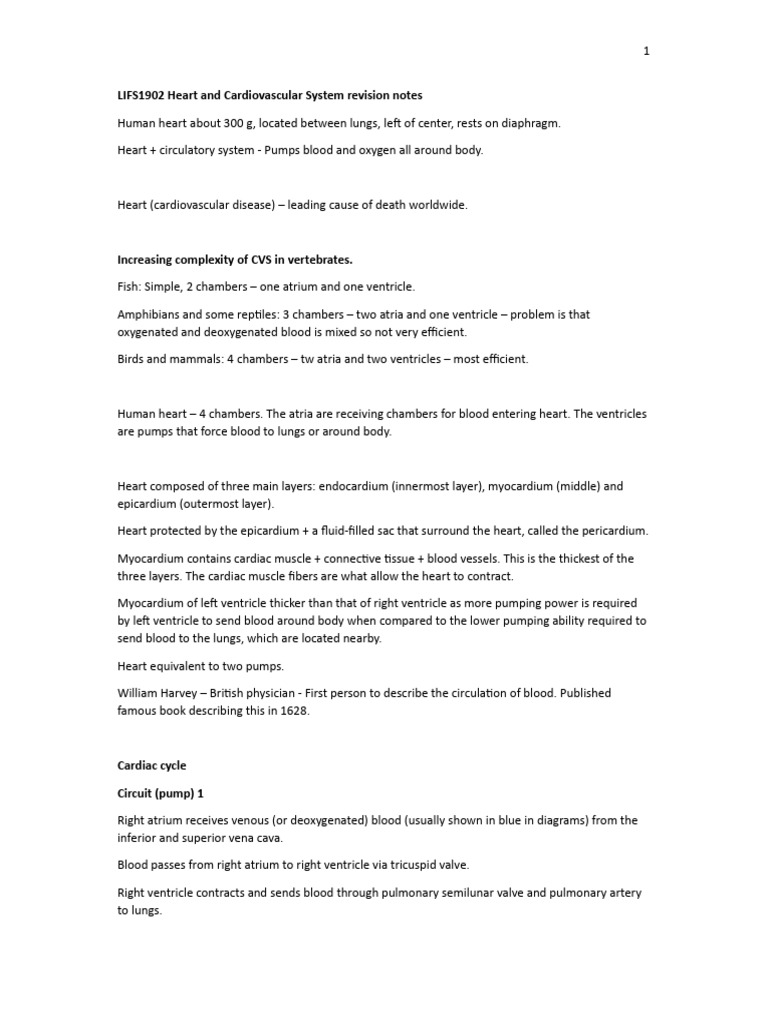 LIFS1902 Heart and CVS Revision Notes | PDF | Heart | Heart Valve