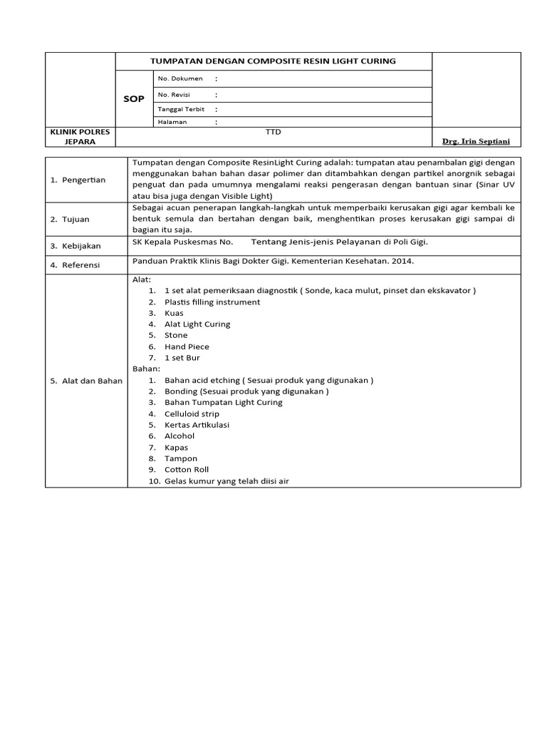 SOP Tumpatan Dengan Komposit Resin Light Curing | PDF