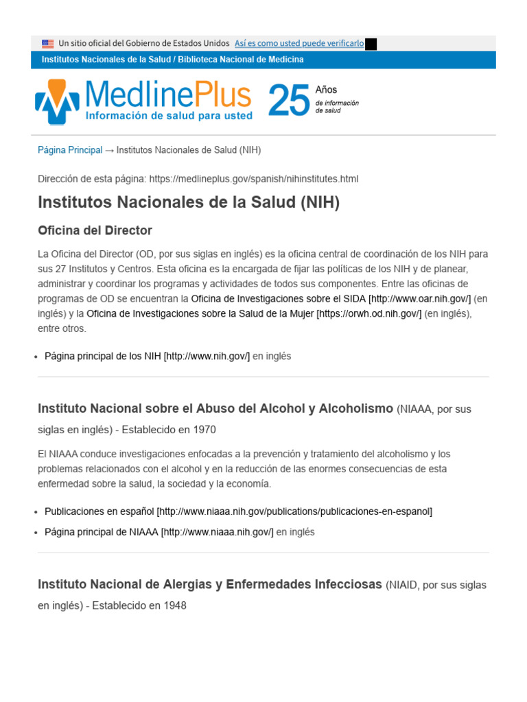 Institutos Nacionales de La Salud (NIH) - MedlinePlus | PDF ...