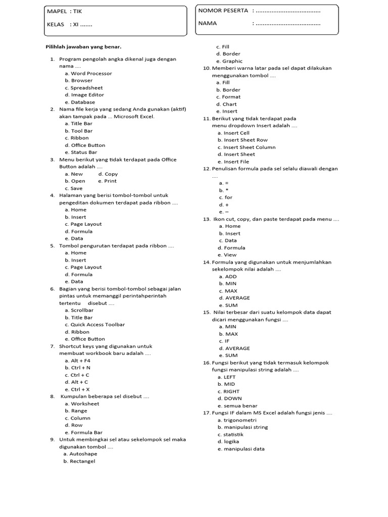 Kuis Microsoft Excel: Soal dan Jawaban | PDF