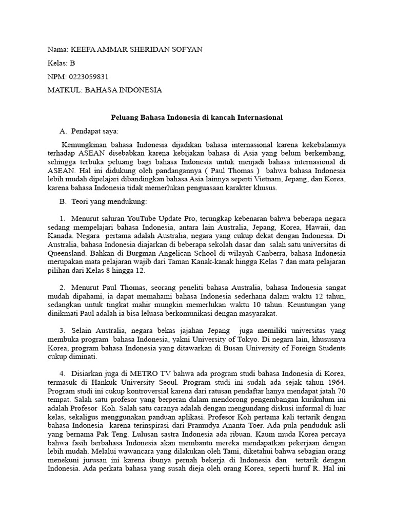 Pengaruh Bahasa Indonesia Di Kancah Internasional | PDF | Seni & Disiplin Bahasa