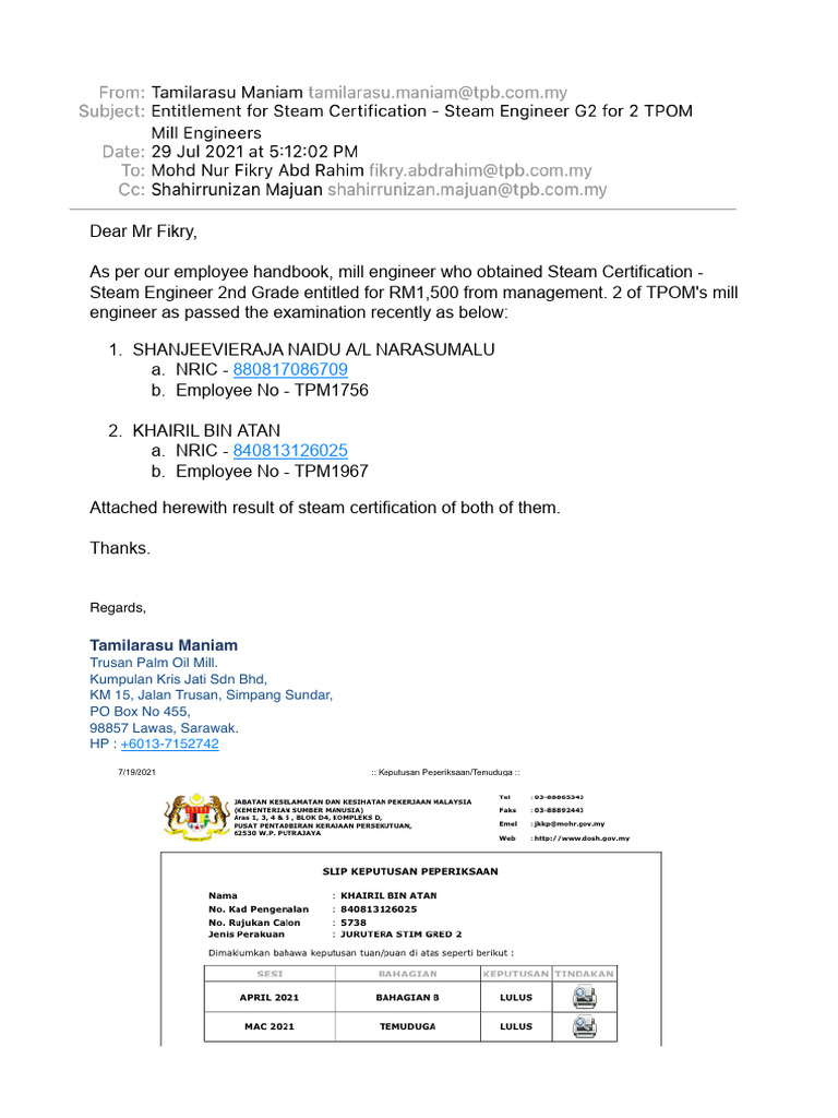 Entitlement For Steam Certification - Steam Engineer G2 For 2 TPOM Mill Engineers | PDF