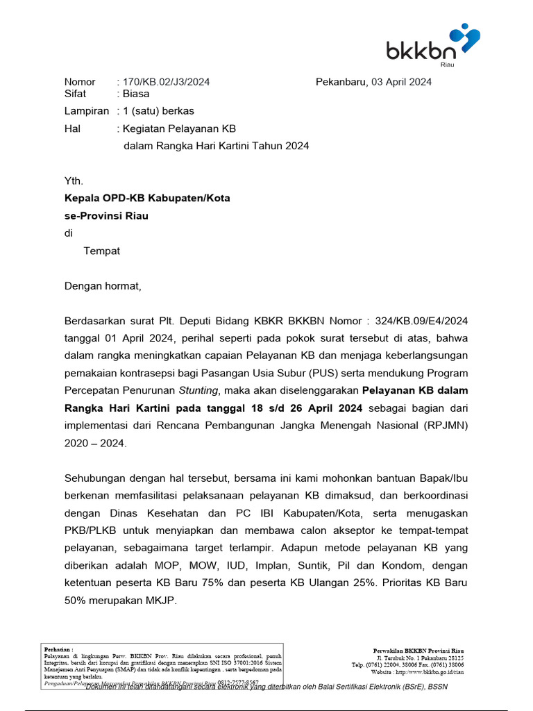 Surat Dan Target Pelayanan KB Hari Kartini | PDF