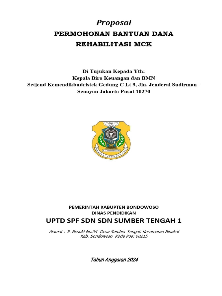 Proposal Permohonan Bantuan Rehab MCK 2024 SDN Sumber Tengah 1 | PDF