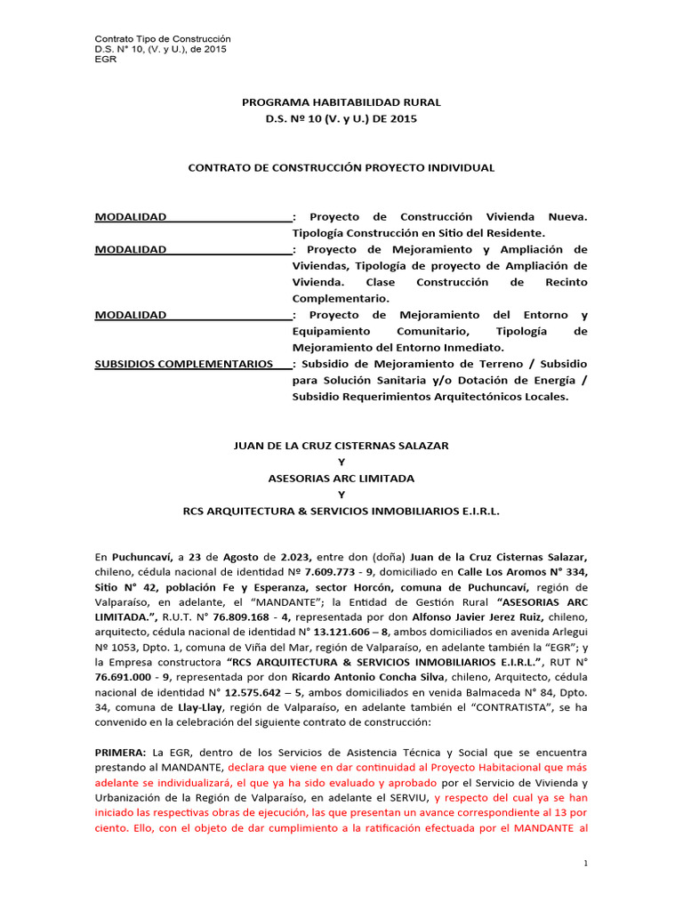 Contrato DS10 Construccion Juan Cisternas | PDF