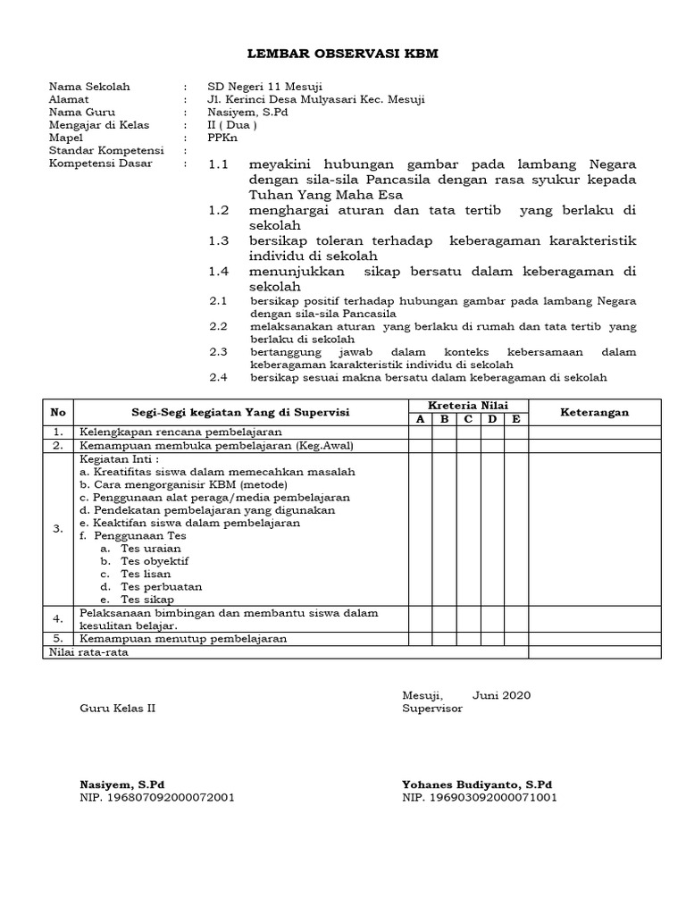 Lembar Observasi KBM | PDF