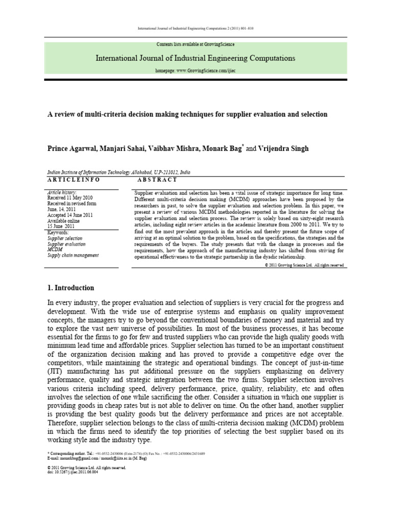 A Review of Multi-Criteria Decision Making Techniques For Supplier Evaluation and Selection ...