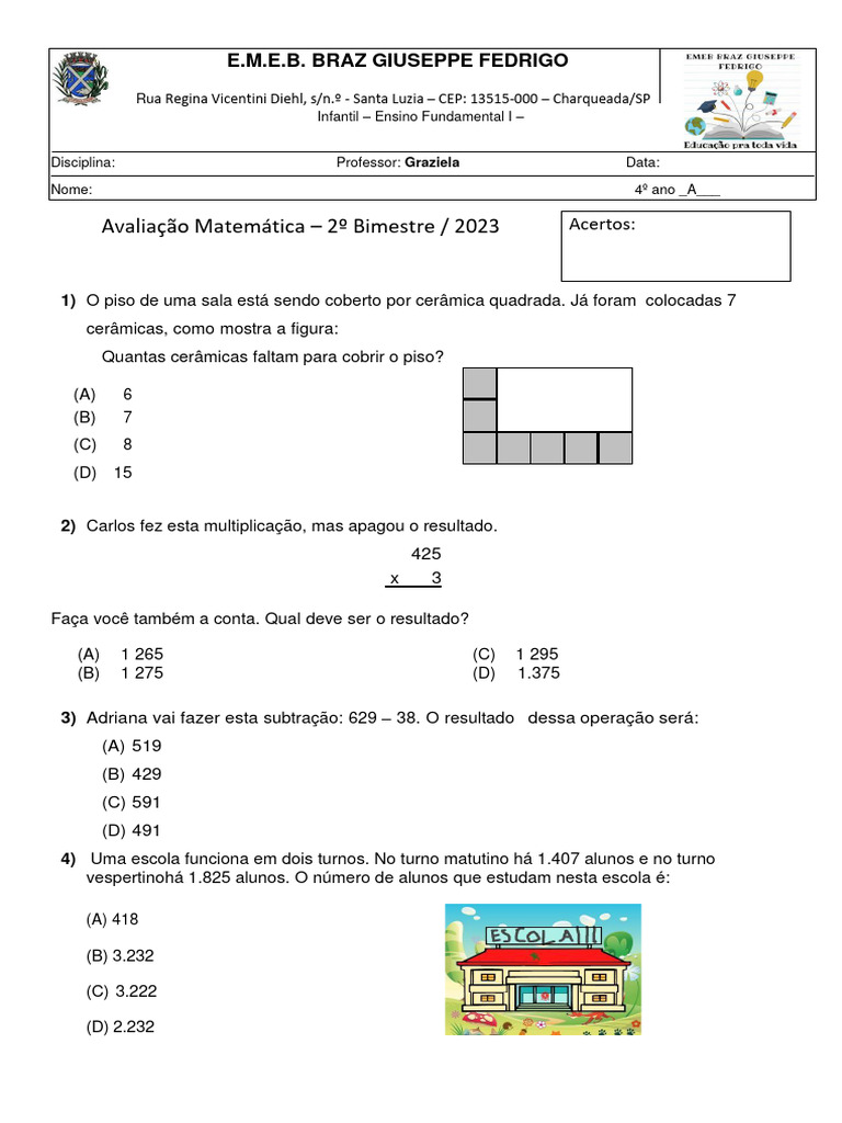 Avaliação Matemática 4º Ano 2º Bim 2023 Pdf