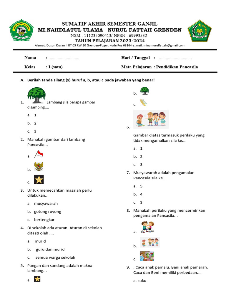 Soal Pancasila Kelas 1 Semester 2 | PDF