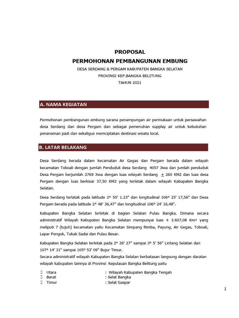 Proposal Embung Serdang Pergam 2021 | PDF