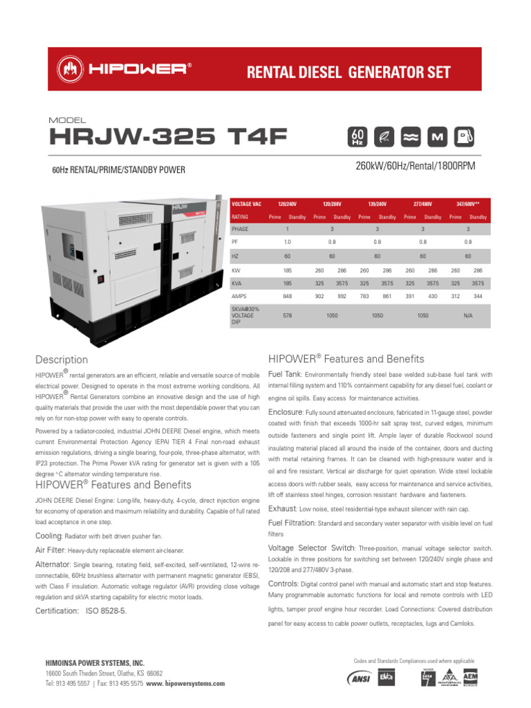 HIPOWER Towable Diesel HRJW-325-T4F - Spec Sheet 2-22-21 | PDF | Diesel Engine | Engines