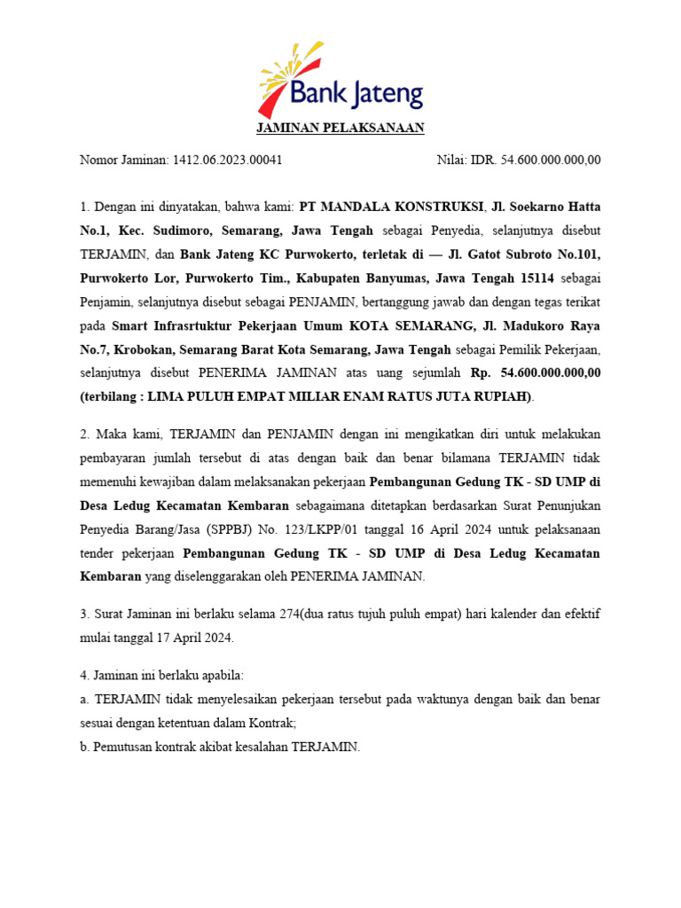 Surat Jaminan Pelaksanaan Dari Bank | PDF | Pengelolaan Keuangan & Uang