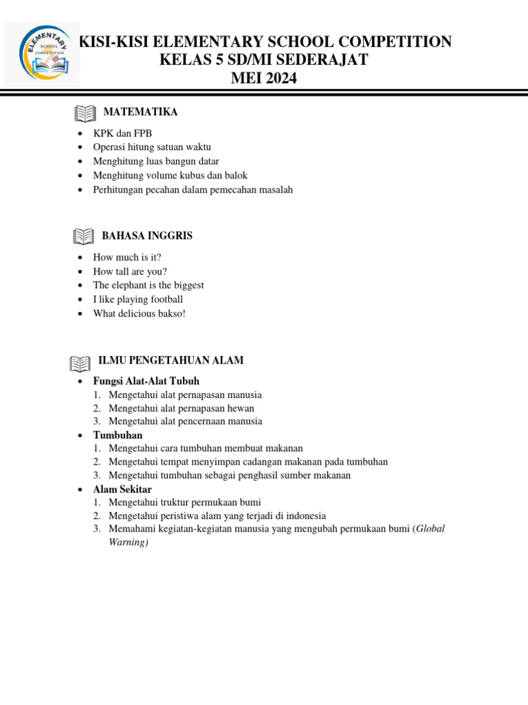 Kisi-Kisi Kelas 5 | PDF