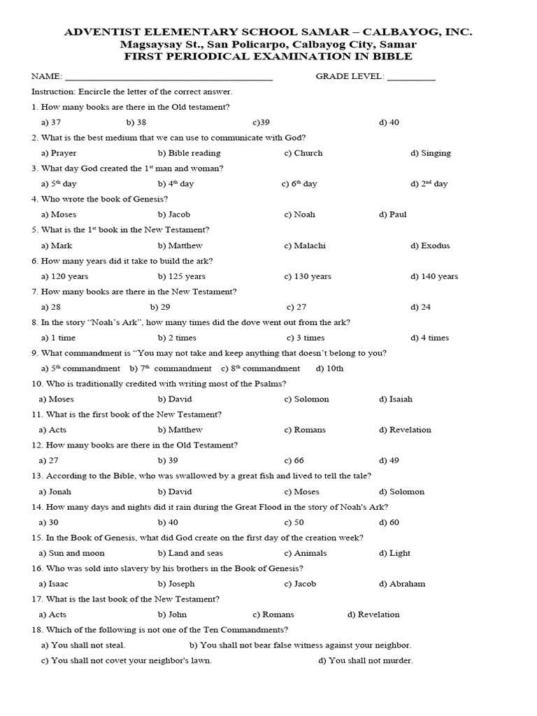 Grade 5 BIBLE Prelim | PDF | Jesus | Adam And Eve