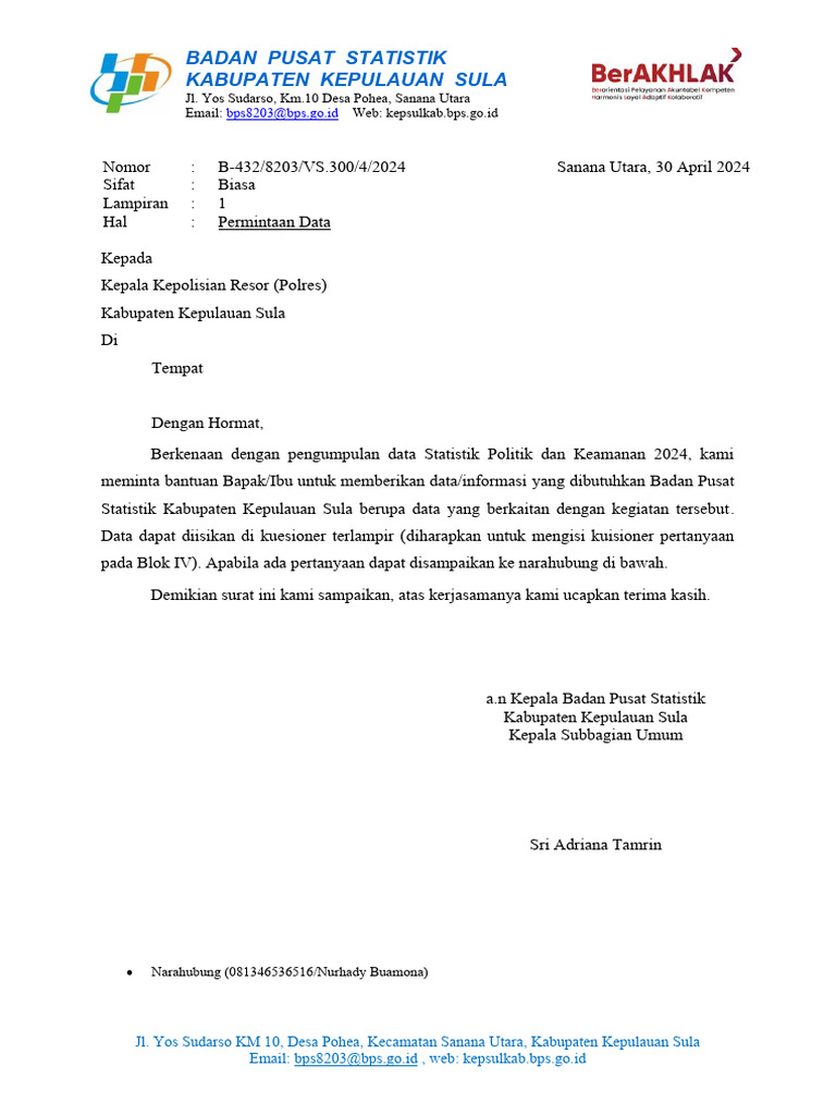 Surat Permintaan Data POLKAM 2024 | PDF