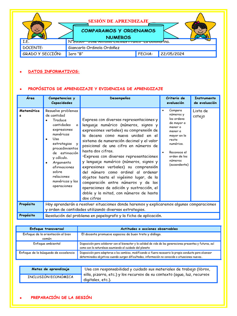SESION DE APRENDIZAJE Ordemos Números en La Recta Númerica. | PDF ...