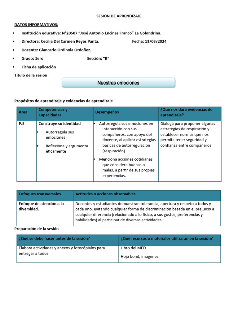 SESIÓN DE APRENDIZAJE Nuestras Emociones. | PDF | Las emociones | Aprendizaje