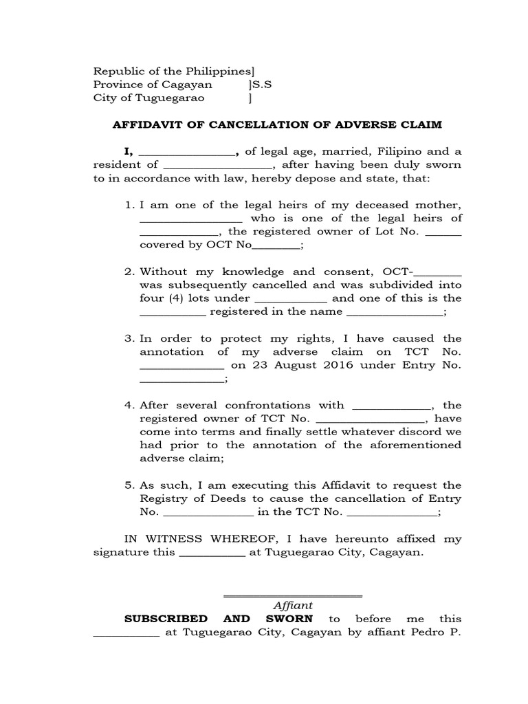 Affidavit of Cancellation of Adverse Claim - Sample | PDF
