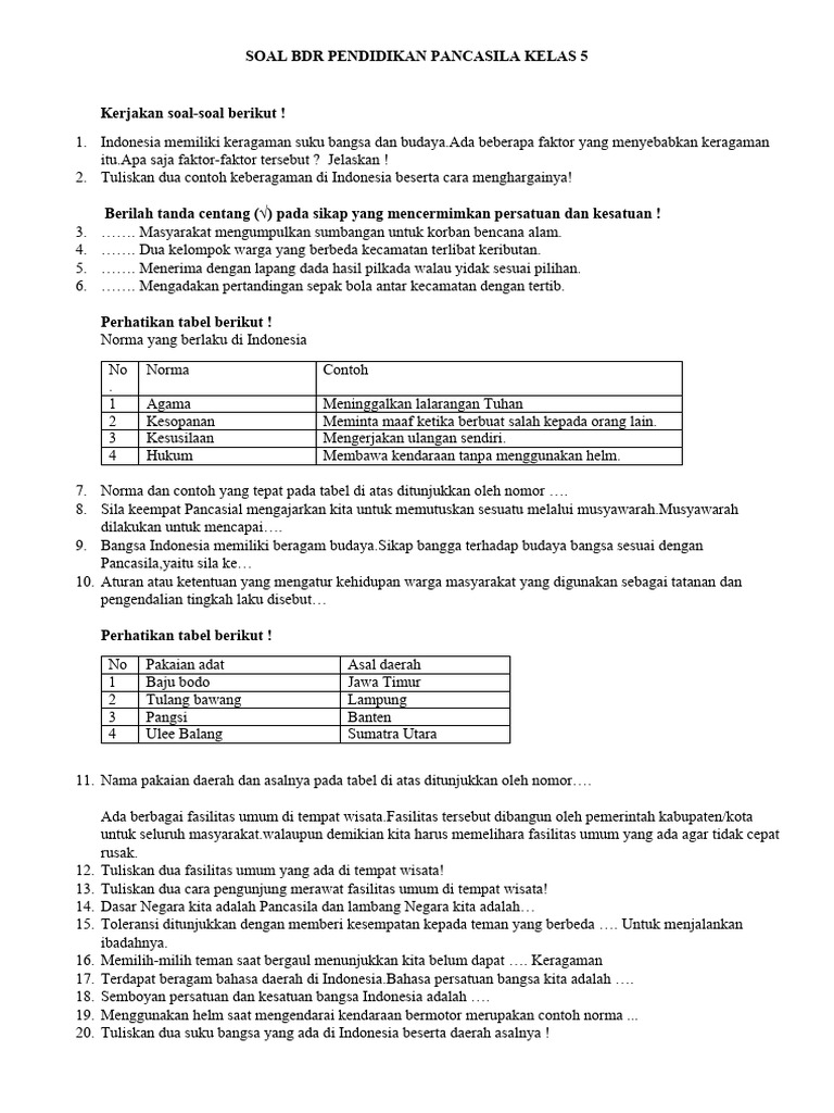 Soal BDR Pendiikan Pancasila Kelas 5 | PDF
