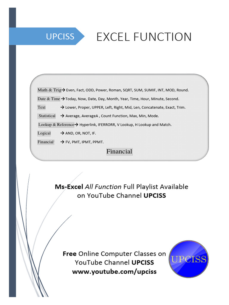 Excel Functions Guide on UPCISS YouTube | PDF | Career & Growth | Computers