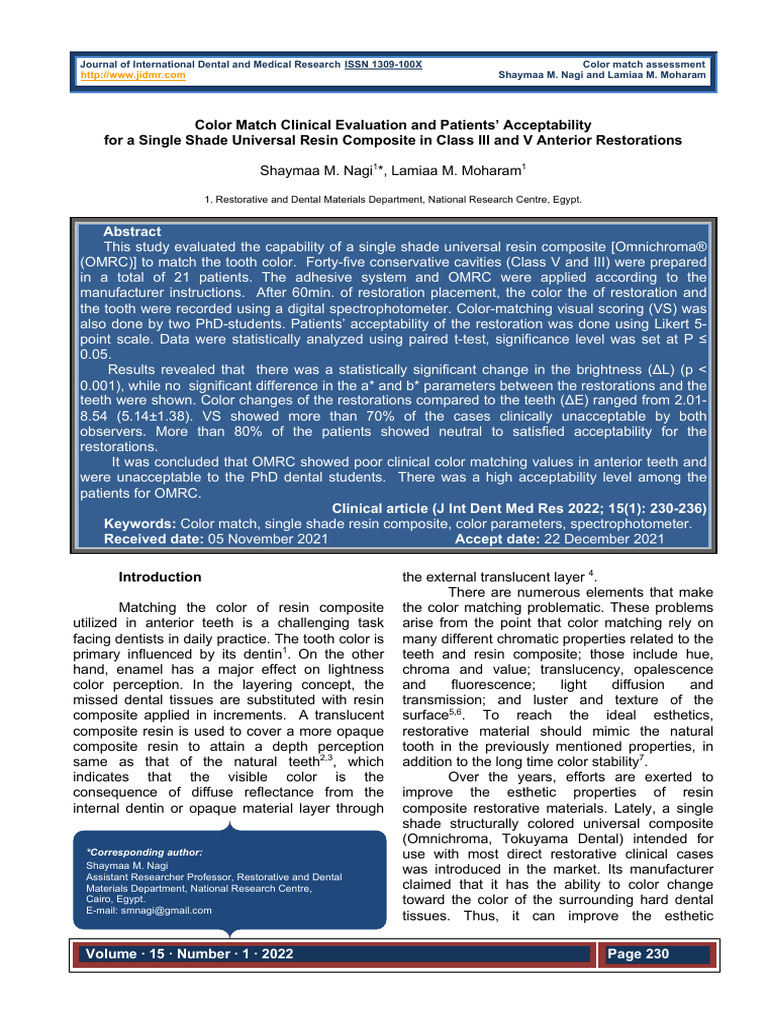 Color Match Clinical Evaluation and Patients Acceptability For A Single ...