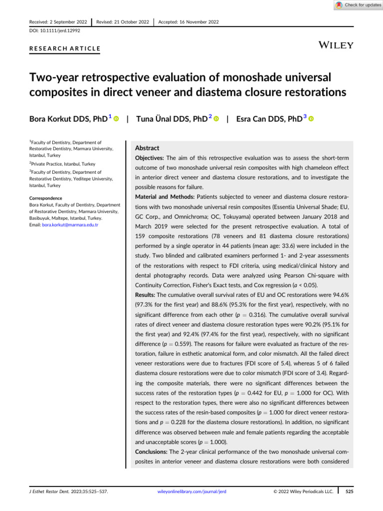 2 anos J Esthet Restor Dent - 2022 - Korkut - Two‐year retrospective ...