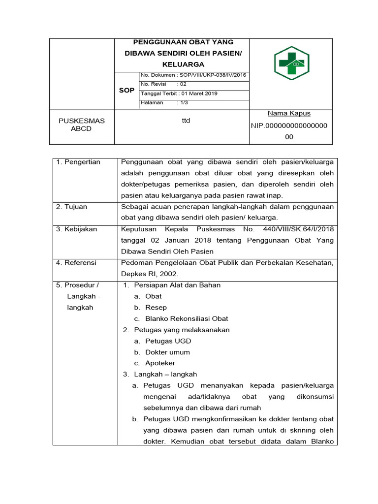 Prosedur Penggunaan Obat Pasien Sendiri | PDF